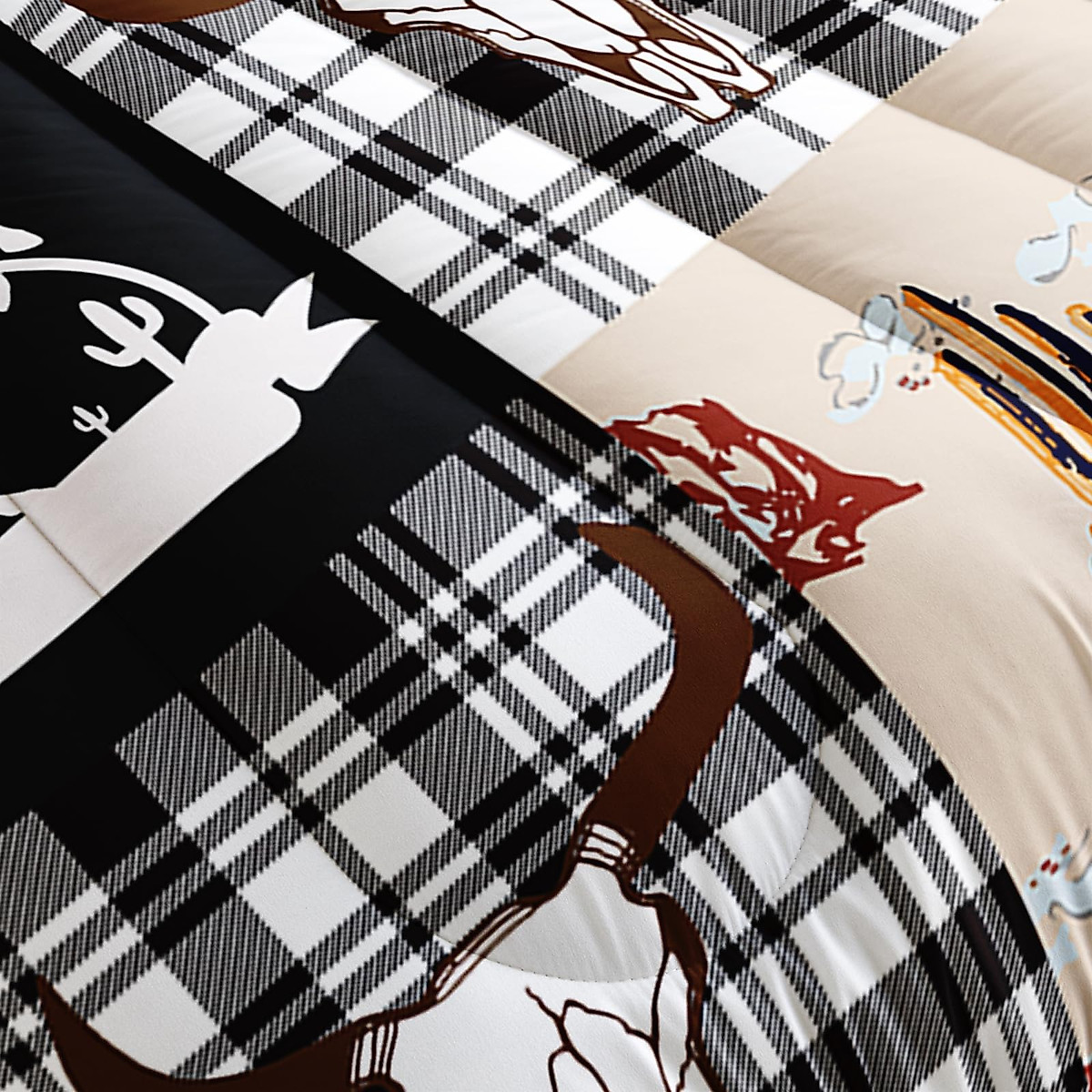 Ntlfup Western Cowboy Comforter Set Queen Size, Bull Skull and Horse Print Quilt Set with 2 Pillowcases, Bedroom Decor for Kids Boys Teens