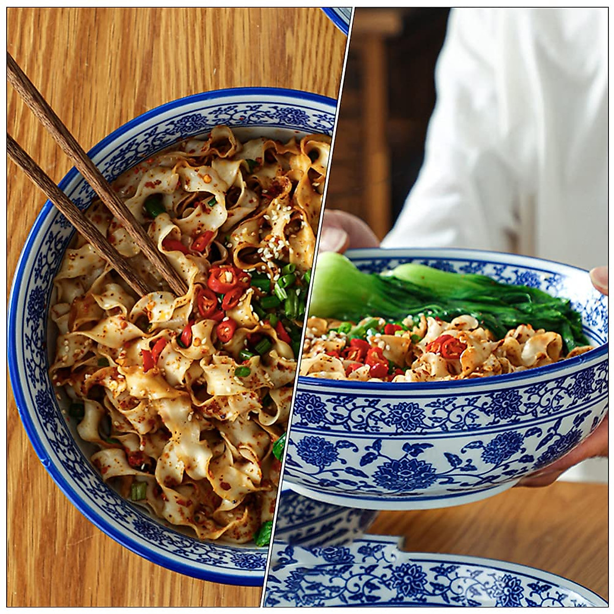 DOITOOL Ceramic Ramen Bowl Blue and White Porcelain Bowl Noodle Serving Bowls Kitchen Deep Soup Pho Bowls Salad Bowls for Ramen Pasta Cereal Dessert 8inch