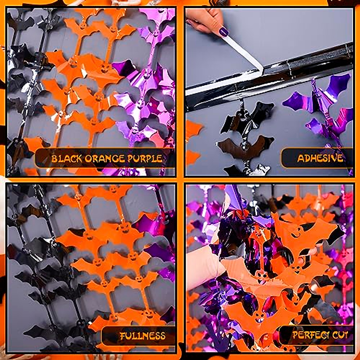 LOLStar Halloween Party Decoration, 2 Pack Black Orange and Purple Bat Photo Booth Props, 3.3 x 6.6 ft Halloween Foil Fringe Curtains, Halloween Photo Backdrop Streamers for Halloween Party Supplies