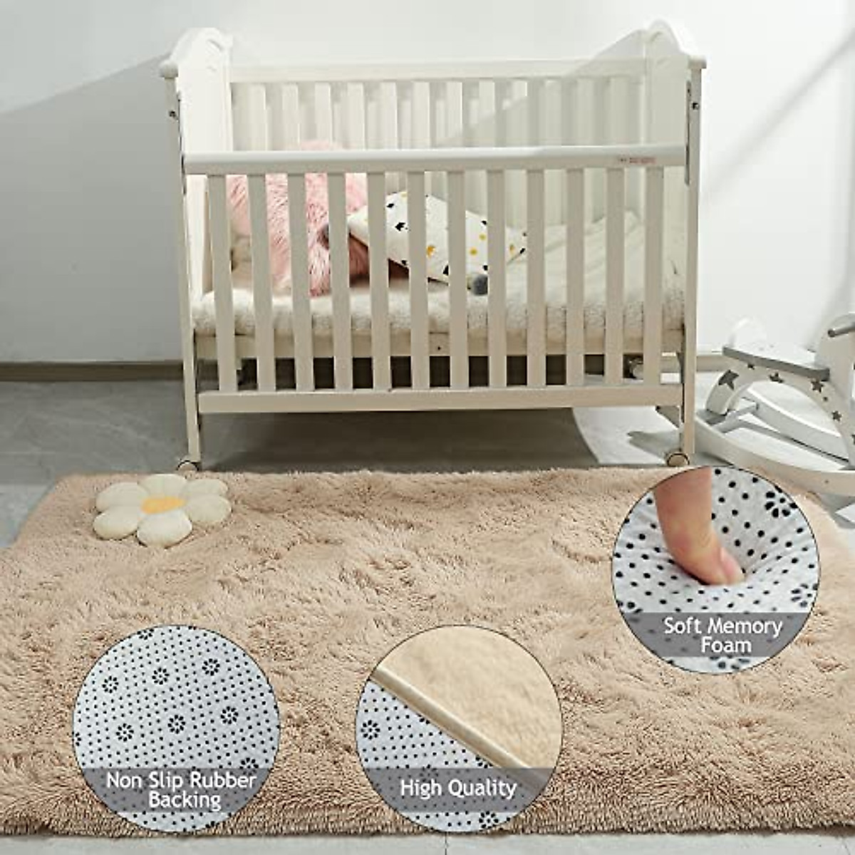 Wellber Modern Soft Shag Rugs, 3x5 Feet Beige Fluffy Home Decorative Carpets for Bedroom, Rectangle Durable Fuzzy Area Rug for Living Room Dorm Nursery, Plush Floor Shaggy Fur Throw Rug