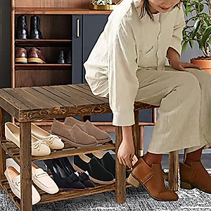 ECOMEX Shoe Rack Bench, 3-Tier Wood Shoe Bench with Boot Organizer, Free Standing Shoe Racks Bench, Storage Shoe Shelf for Entryway Hallway Bedroom, Balcony, Brown