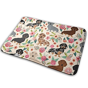 Floral Vintage Flowers Doxie Fabric Doxie Dachshunds Floor Mat Welcome Mat Bath Rugs, Non-Slip&Absorbent Front Door Mat, Washable Floor Doormat for Entryway, Patio, Porch 16x24inch
