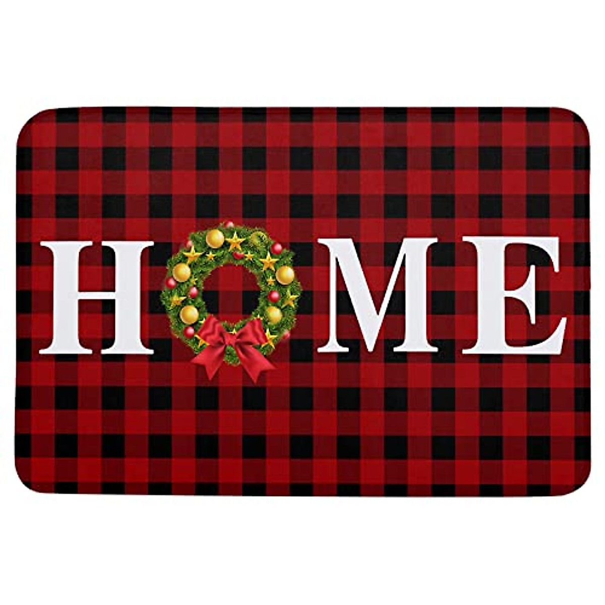 Prironde Front Door Mats Outdoor Indoor Kitchen Mat, Black Red Plaid Green Christmas Wreath Red Bow Xmas Home Entrance Doormat Non-Slip Bathroom Rugs Washable Floor Mats for Sink/Porch, 16" x 24"