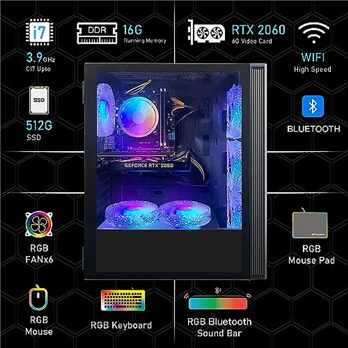 STGAubron Gaming Desktop PC Computer,Intel Core I7 3.4 GHz up to 3.9 GHz,GeForce RTX 2060 6G GDDR6,16G RAM,512G SSD,WiFi,BT 5.0,RGB Fanx6,RGB Keyboard&Mouse,RGB Mouse Pad,RGB BT Sound Bar,W10H64