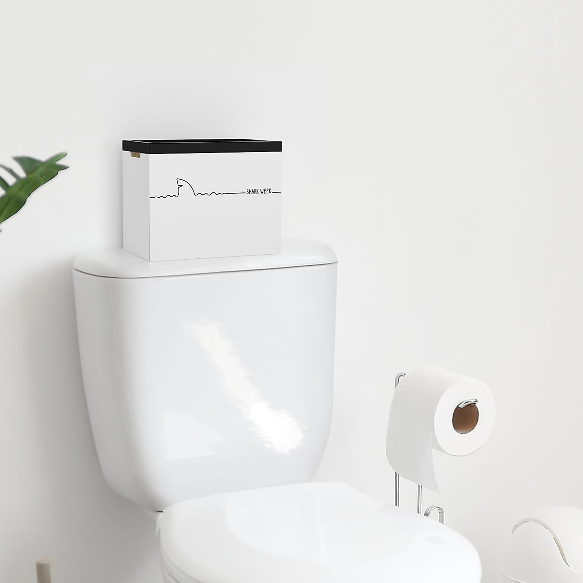 GMFINE Wooden Tampon Holder for Bathroom with Vanity Tray Lid, Feminine Product Organizer Shark Week Tampon Storage Box Container, Pad and Tampon Bathroom Organizer, 8" L x 5" W x 6.5" H (Shark Week)