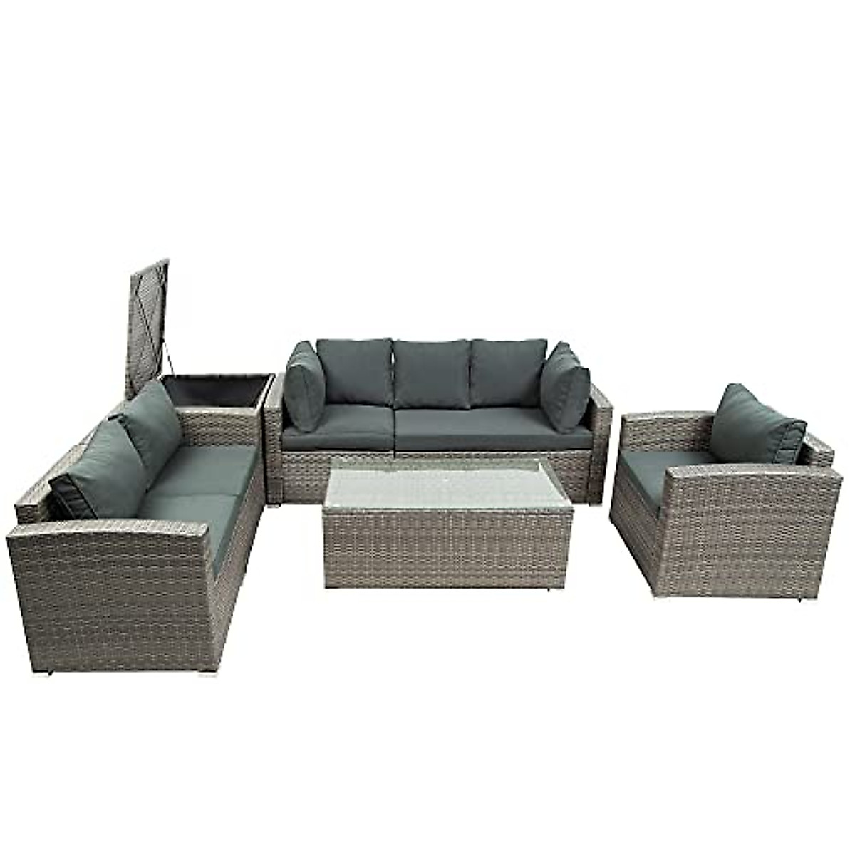 BIADNBZ 7 Piece Outdoor Patio Furniture Set for 6,All-Weather Wicker Sectional Sofa with a Loveseat and Storage Box, Rattan Conversation Couch with Glass Table for Garden Backyard, Grey