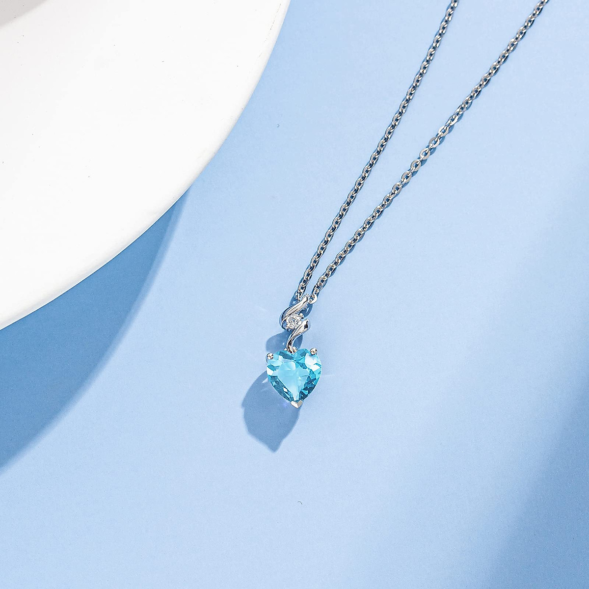 Agvana 14K Solid White Gold Diamond Aquamarine Heart Pendant Necklace for Women with Sterling Silver Chain