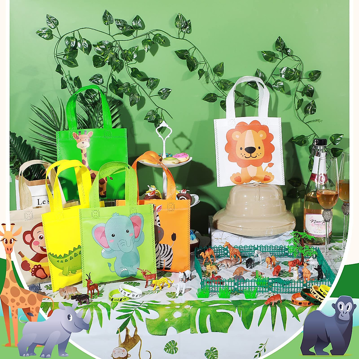 103 Pcs Safari Animal Kids Zoo Themed Party Supplies Favor Bulk Included Pith Hat Jungle Animal Plastic Tablecloth Tote Bags Silicone Bracelet Animal Stickers Mini Animal Figurines for Kids Birthday