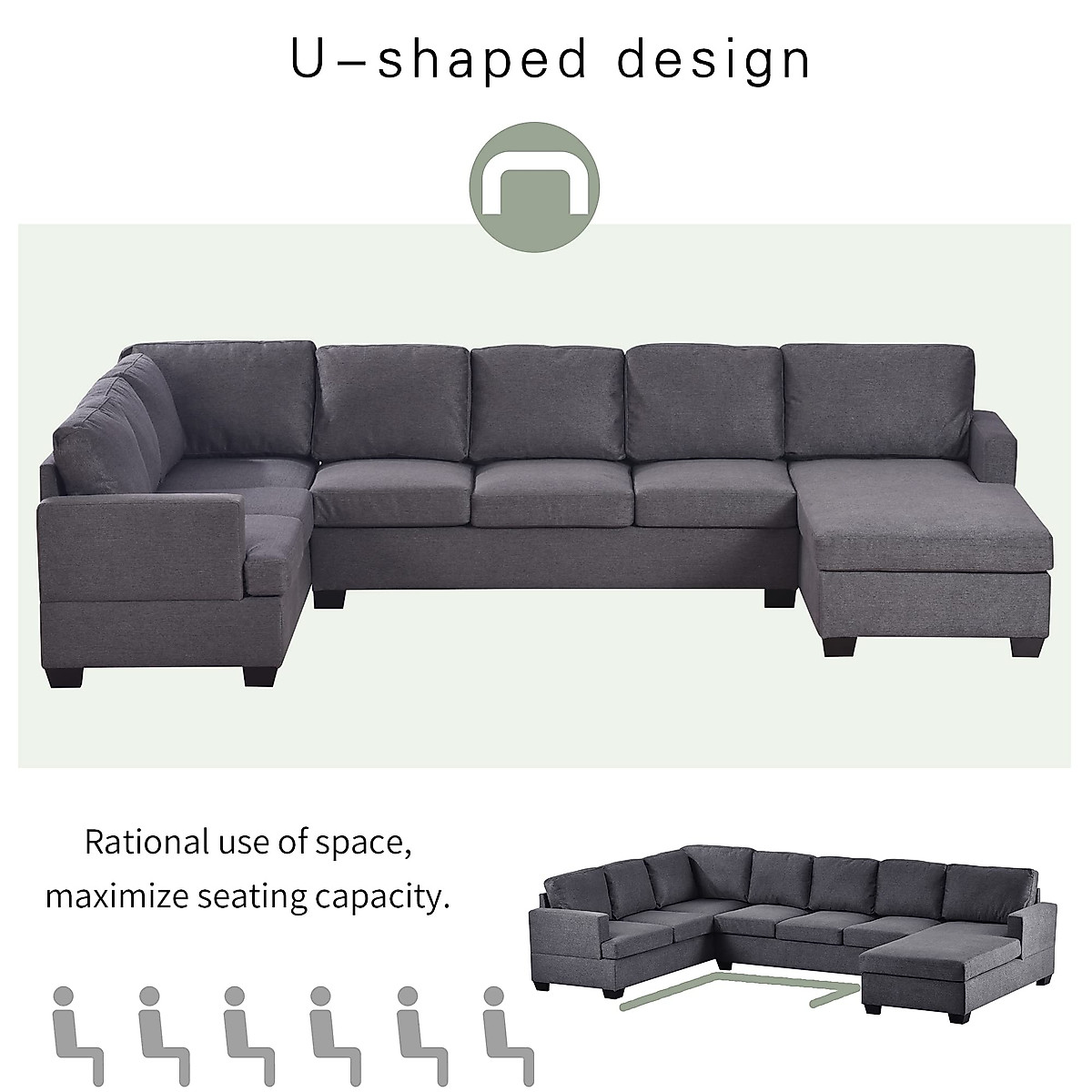 Eafurn U Shaped Sectional Extra Wide Chaise Lounge, Oversized Corner Sturdy Wood Legs and Frame, Deep Seat Soft Upholstered Sofa & Couches for Large Living Room Furniture Sets, Gray