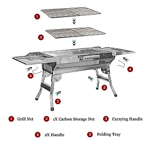 Charcoal BBQ Grill-KIICHI TERASAWA Portable Barbecue Carbon Grill-Stainless Steel Foldable Smoker BBQ Grill for Outdoor Cooking and Camping Backyard Patio Beach