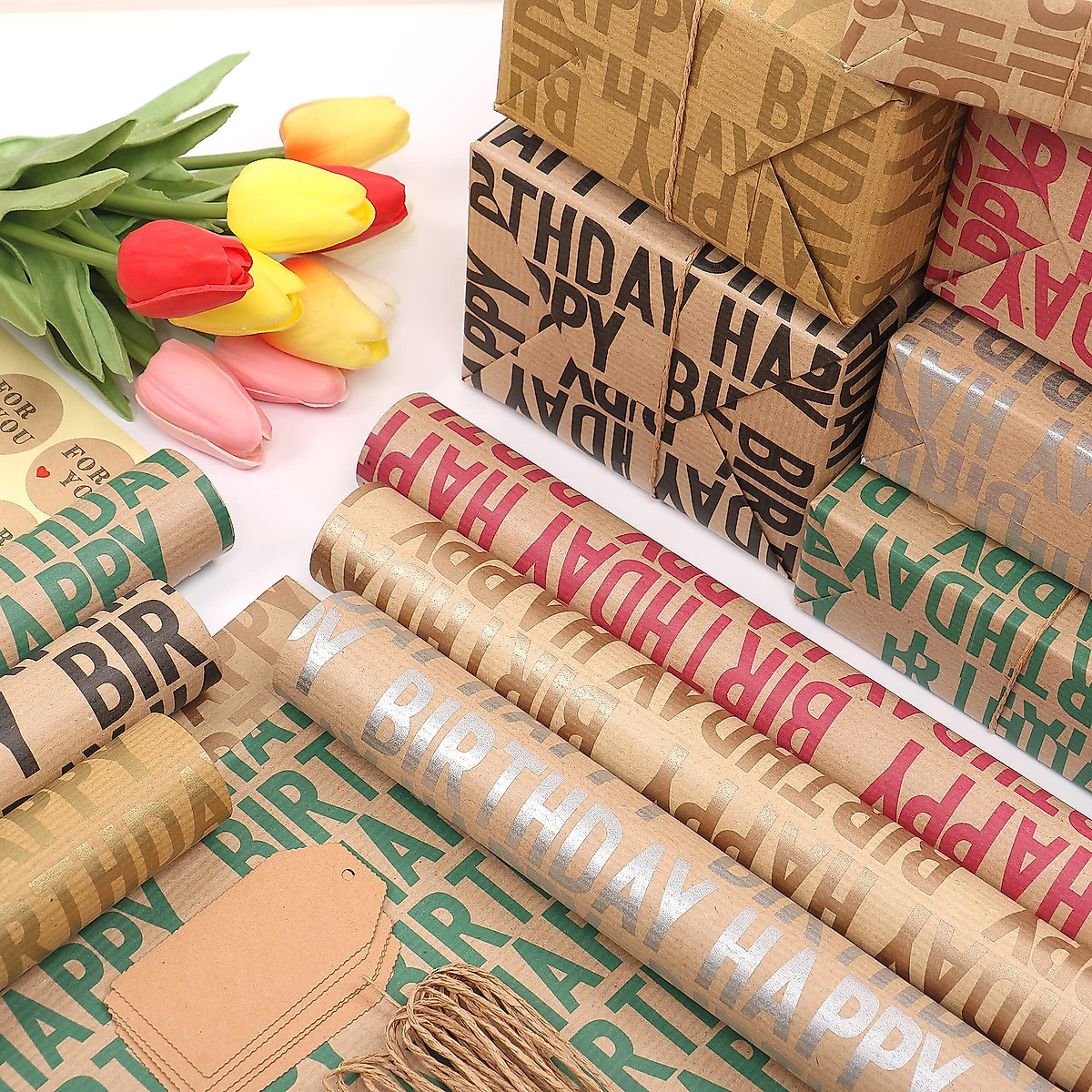 Birthday Wrapping Paper Set, 6 Sheets Kraft Brown Recycled Gift Wrapping Paper with Stickers, Gift Wrapping Paper with Happy Birthday Pattern Design for Kids Girls Women Boys Men Adults, 20×28 inches