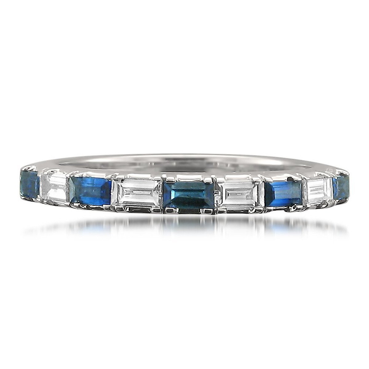 Beyond Brilliance 1/2 Carat Diamond, Pavé-Set 14K White Gold Baguette Diamond & Blue Sapphire Bridal Wedding Band Ring (I-J, VS2-SI1) Size-9
