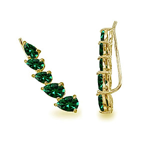 Green Earrings for Women Trendy Gold Flashed Sterling Silver Synthetic Quartz Teardrop Curved Climber Crawler Earring