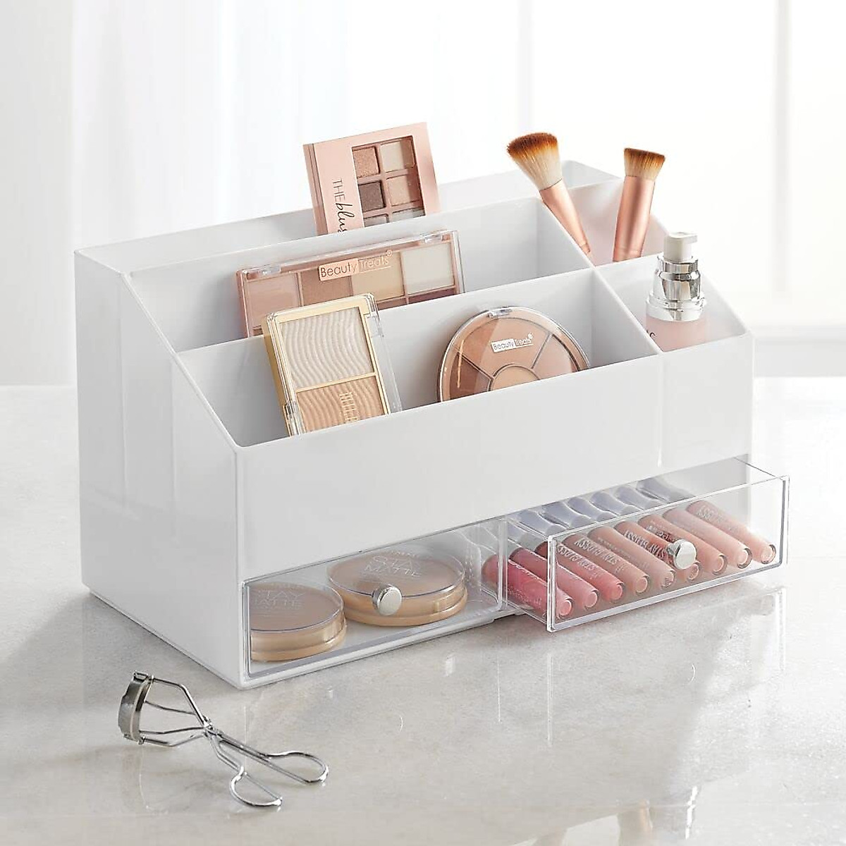 mDesign Plastic Makeup Storage Organizer with 2 Drawers and 5 Divided Sections for Bathroom, Vanity, Cabinet, Countertops - Storage for Cosmetics, Brushes, Blush - Lumiere Collection - White/Clear