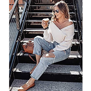 BTFBM Women Casual V Neck Long Sleeve Sweaters Cross Wrap Front Off Shoulder Asymmetric Hem Knitted Crop Solid Pullover(Solid Apricot, Small)