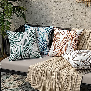 EMEMA Outdoor Waterproof Throw Pillow Covers Decorative Patio Pillow Cases Natural Leaves Tropical Spring Summer Square Cushion Shams Shell Garden Balcony Sunbrella Couch Pack of 2, 18x18 Inch Blue