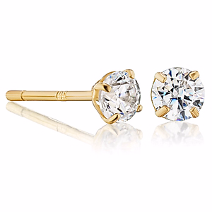 14k Gold Made with Cubic Zirconia Genuine Real 14 Karat Gold Solitaire Round Stud Earrings (3mm, Yellow Gold)