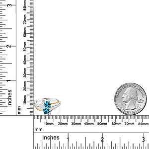 Gem Stone King 1.12 Ct London Blue Topaz 925 Silver and 10K Yellow Gold 2 Heart Promise Couple Engagement Mother Lab Grown Diamond Ring (Size 7)