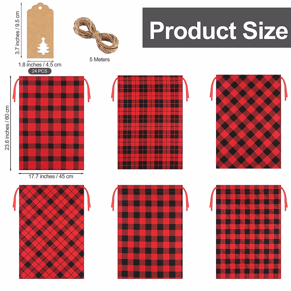 MIMIND 6 Pieces Christmas Drawstring Gift Bags Large Cotton Fabric Gift Bag 17.7 x 23.6 Inch Red and Black Buffalo Plaid Drawstring Bag Xmas Santa Sack Christmas Party Favor Bags with 24 Tag