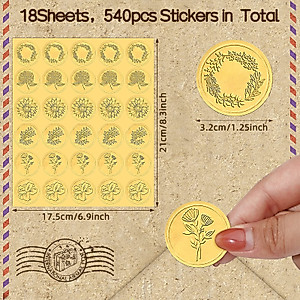 540 Pieces Gold Wax Seals Stickers Embossed Envelope Seal Stickers Gold Foil Self Adhesive Wax Stickers for Wedding Greeting Cards Invitations Party Certification, 6 Patterns (Flower)