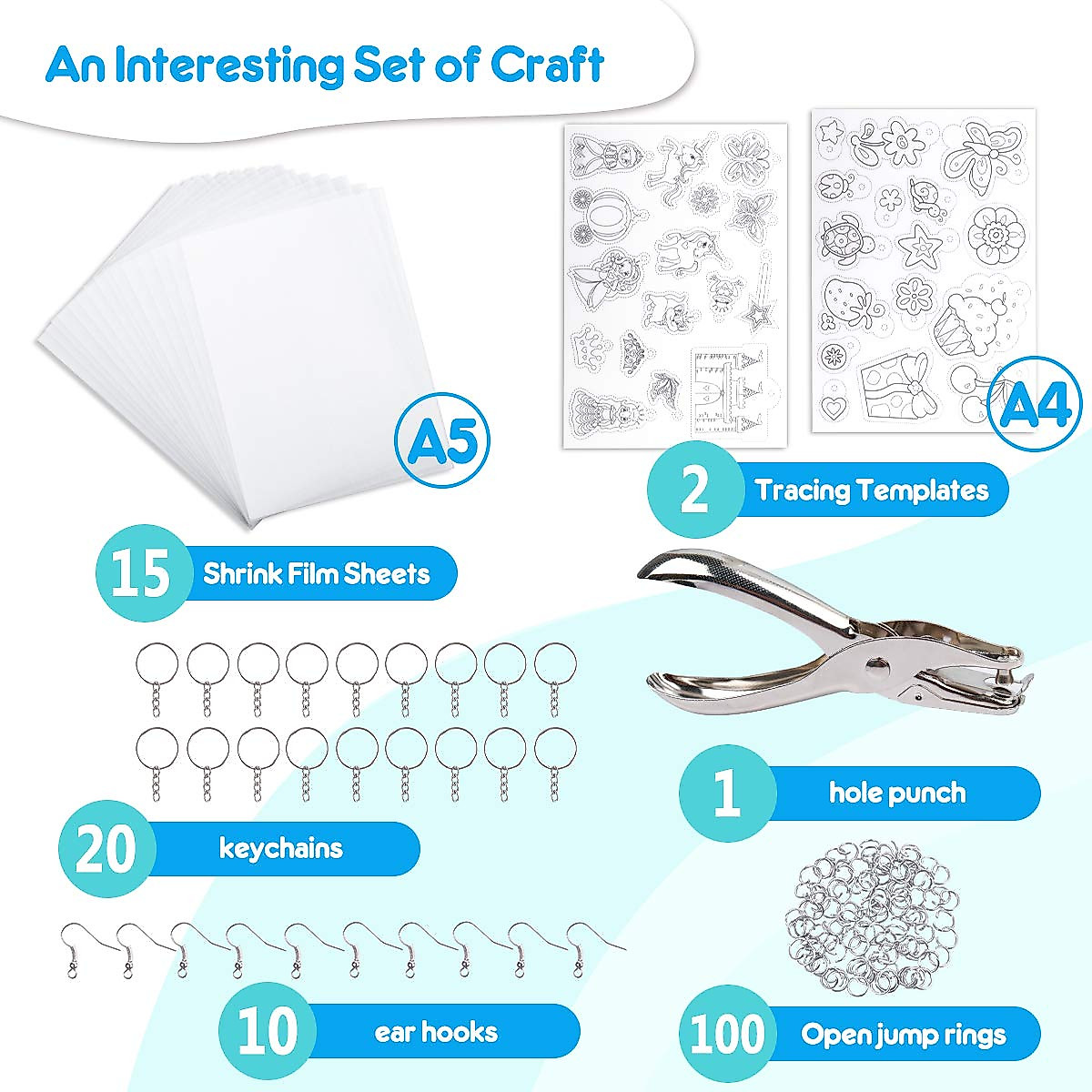 Mocoosy Shrink Plastic Kit for Shrinky Dinks, 148PCS Heat Shrinky Art Sheets for Kids, Clear Frosted Shrink Paper Include Shrinkable Films & DIY Keychain Earring Making Accessories Craft Activity Set