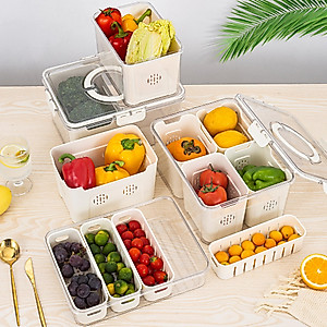 Dingerjar Airtight Fruit Storage Containers for Fridge with Lids & Handle, Refrigerator Organizer Bins, with 4 Removable Colanders, Food, Vegetable Fresh Produce Saver