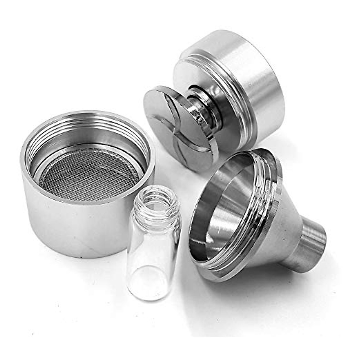 Coarse to Fine Spice Grinder Hand Mill Funnel - Ultra fine - Metal 3 Piece 1.75 inch with Storage Bottle - Silver Color