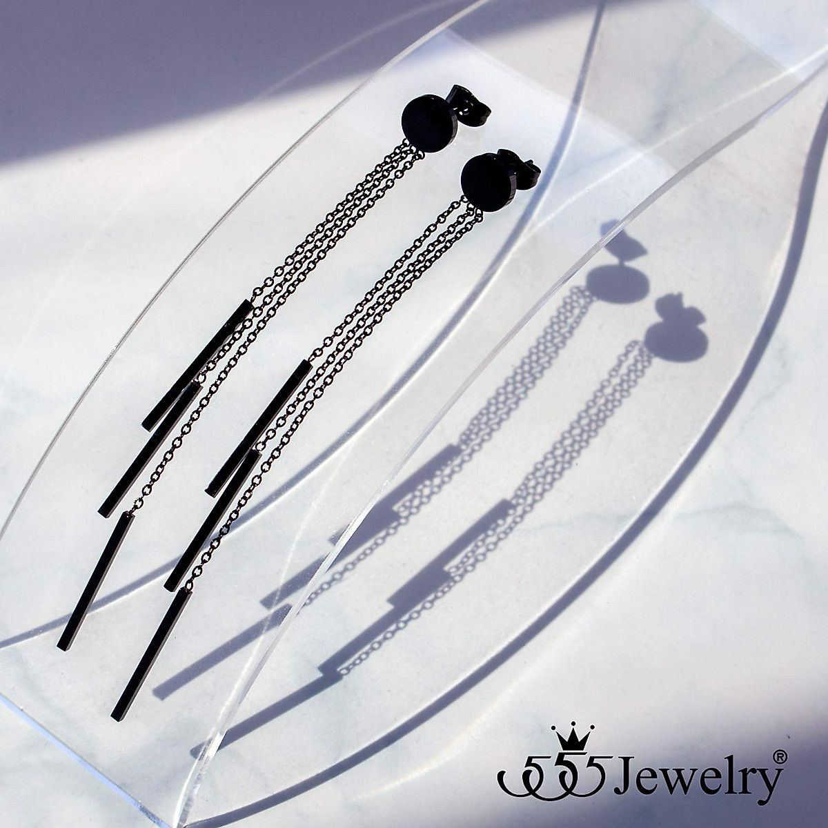 555Jewelry Womens Stainless Steel Chic Stylish Triple Bar Tassel Long Chain Drop Dangle Dangling Earring Pair Classic Fashion Accessory Jewelry Post Nut Earrings, Black