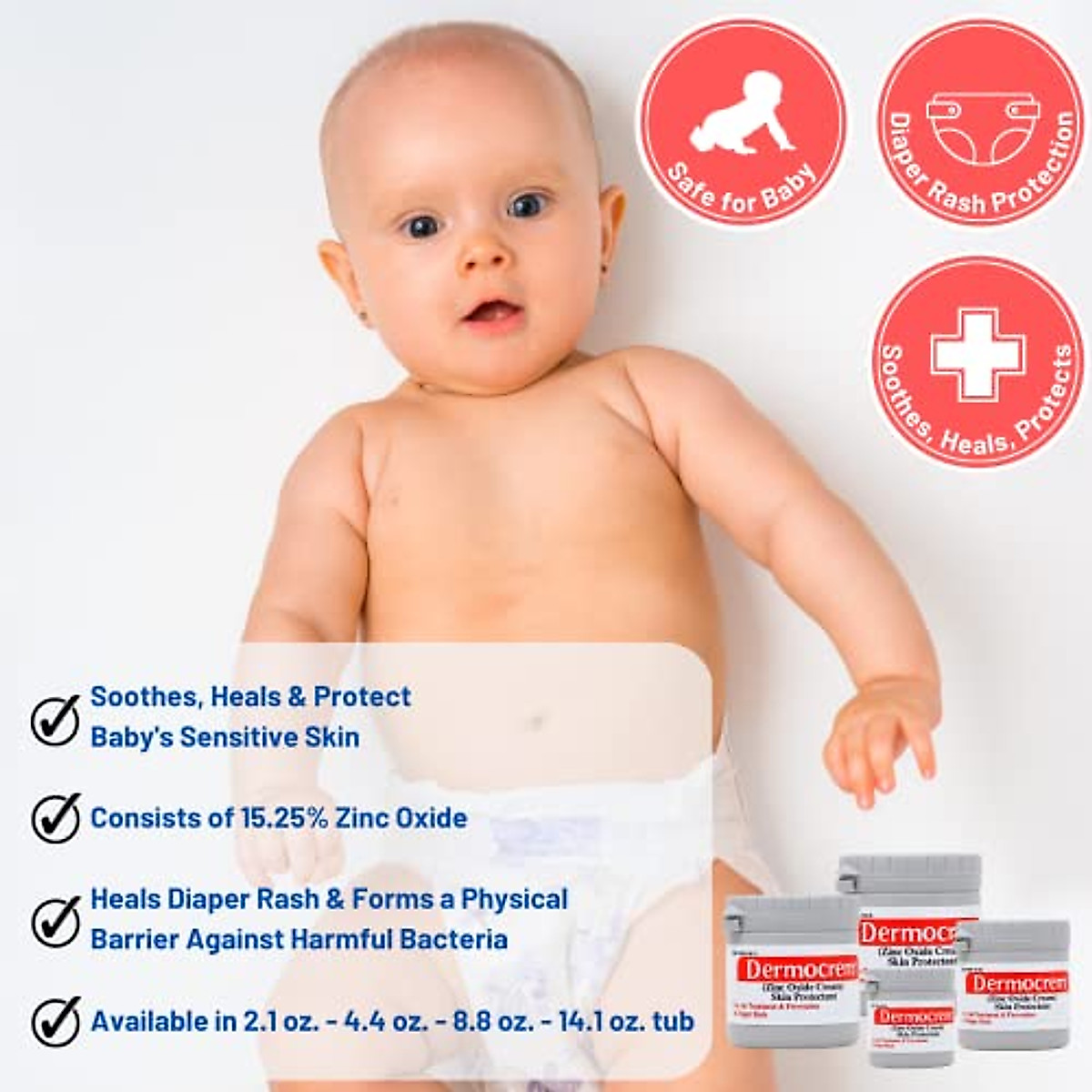DERMOCREM ‐ Diaper Rash Cream for Baby, Soothes, Heals, and Protects, Relief and Treatment of Diaper Rash, Zinc Oxide Cream (2.1 Oz.(60 G)