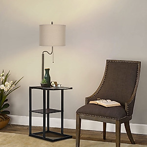 hykolity Floor Lamp W/ End Table and USB Charging Port, Modern Bedside Nightstand Lighting, Walnut Attached Side Table W/ Shelves for Living Room, Bedroom, Guest Room, Bulb Sold Separately