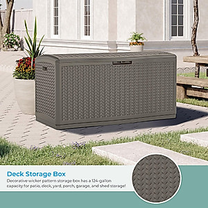 Suncast 124 Gallon Wicker Horizontal Outdoor Deck Box with Hinged Lid, Water-Resistant Storage Solution for Patio, Deck, Yard, and Garage, Stoney