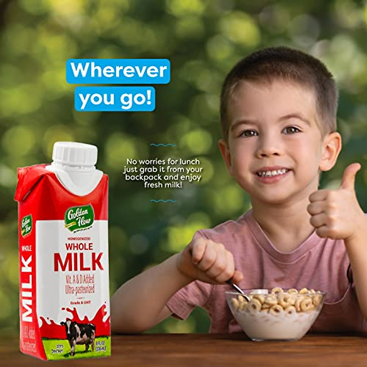 Golden Flow Shelf Stable Whole milk - UHT Boxed Milk - Fortified with Vitamins A & D –No Refrigeration Needed, Cholov Yisroel, Kosher for Passover -8 FL oz- (Pack of 12)