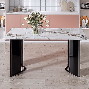Goderfuu Glass Dining Table for 6 People, 63 inch Modern Kitchen Table with Black Wood Base, White Marble Textured Glass Dining Table Pedestal Dinner Table, Faux Marble Dining Table for Dining Room