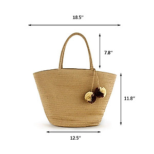 QTKJ Women Straw Summer Beach Bag Handwoven Big Tote Shoulder Handbag with Pom Pom Decorate (Khaki)