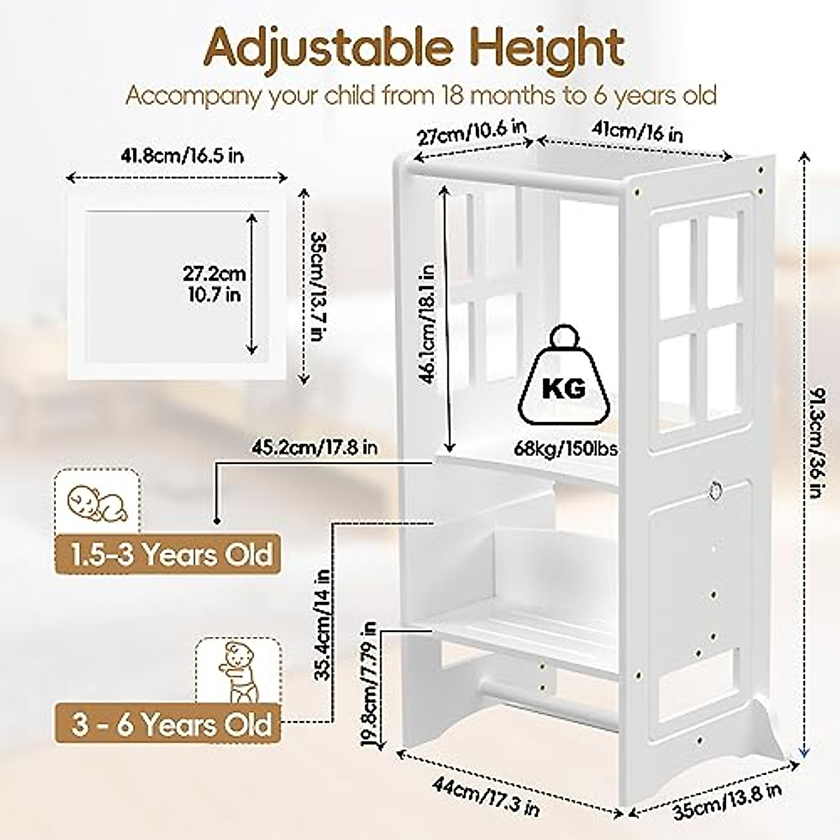 4 in 1 Toddler Kitchen Step Stool, Kitchen Toddler Tower Helper with Whiteboard and Safety Rail, Anti-Slip Protection, Adjustable-Height Kids Learning Standing Tower for Kitchen Counter Bathroom Sink