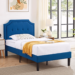 VECELO Twin Upholstered Platform Bed Frame with Adjustable Button Stitched Panel Headboard,Strong Wood Slat Support,Velcro Design,Mattress Foundation/Easy Assembly,Blue