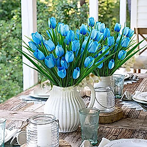 Ruidazon 6 Bundles Tulips Artificial Flowers,30 Heads Outdoor Artificial Tulip Faux Plastic Greenery Shrubs Plants UV Resistant for Easter Home Outside Garden Porch Window Decor (Blue)