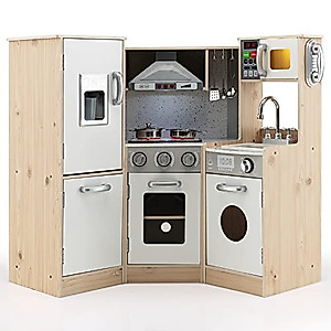 HONEY JOY Kids Wooden Kitchen Playset with Range Hood, Microwave, Sink, Utensils, Phone - With Lights & Sounds