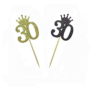 Morndew 24 PCS Gold Black Glitter Crown 30 Cupcake Toppers for 30th Birthday Party Thirty Wedding Anniversary Celebration Party Retirement Party Decorations