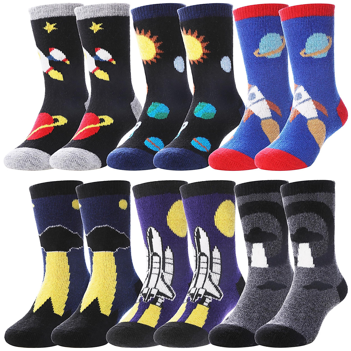 FNOVCO Kids Wool Socks Toddler Warm Thick Wool Hiking Thermal Cozy Boot Crew Socks for Boys Girls 6-Pack (8-12 Years, Outer Space)
