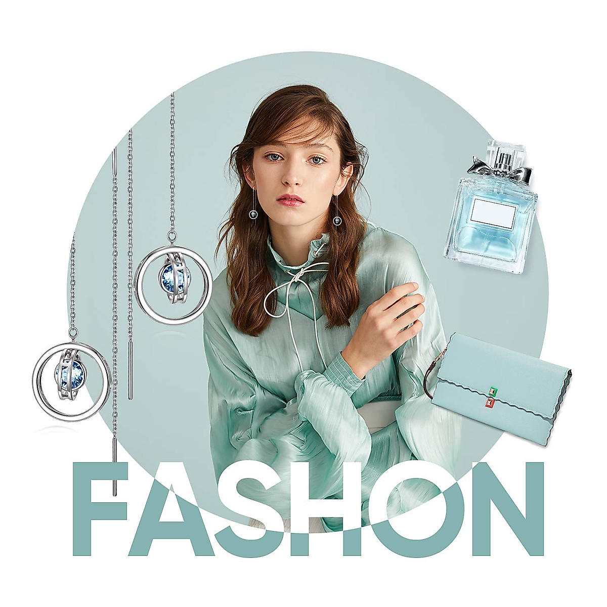 AOBOCO Sterling Silver Planet Galaxy Star Dangle Drop Earrings, Hypoallergenic Threader Earrings, Simulated Aquamarine Birthstone Crystal from Austria, Anniversary Birthday