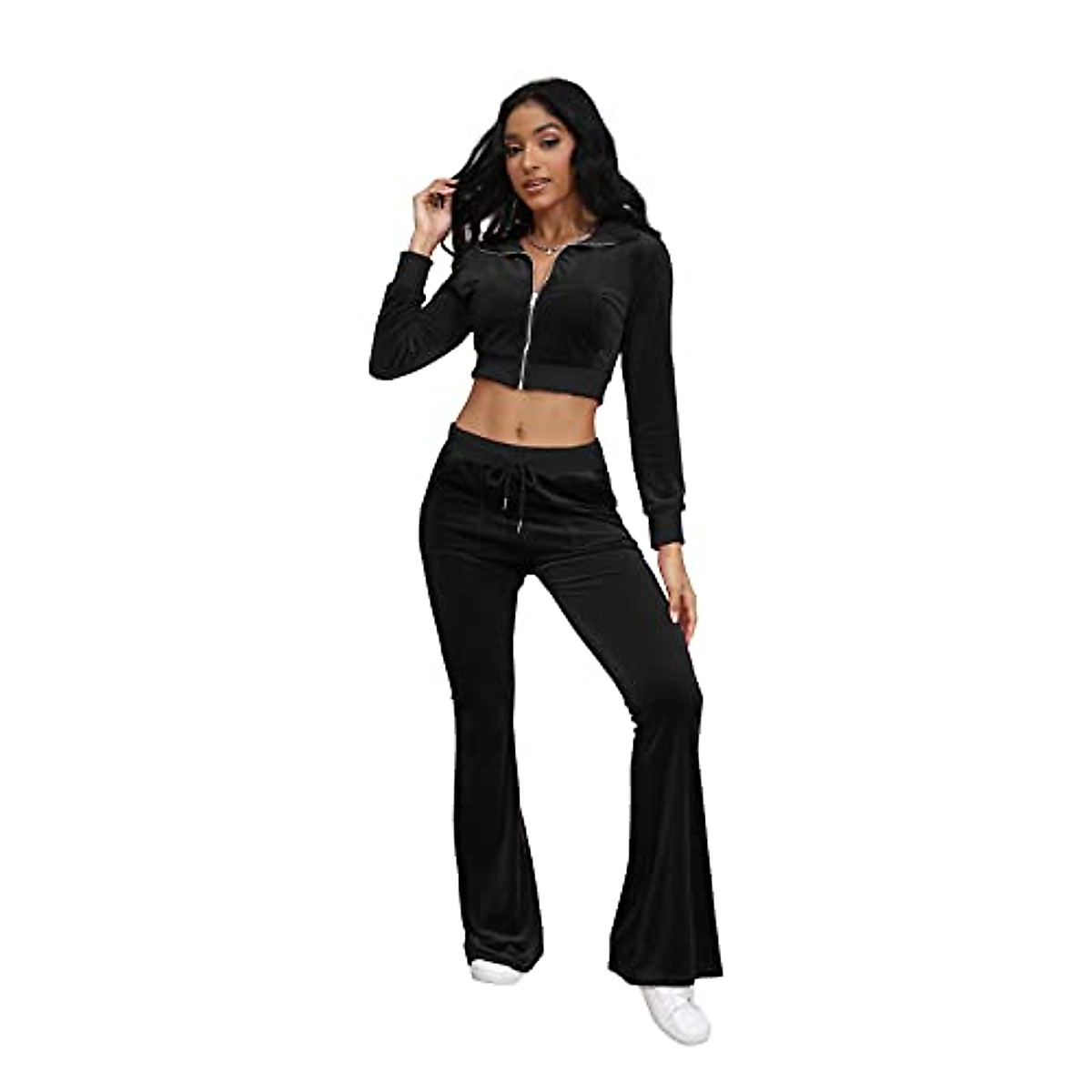 Wryran Velour Tracksuits Womens 2 Piece Lounge Outfits Zip Up Cropped Jacket Velvet Track Suits Y2K Sweatshirt and Flared Sweatpants with Pockets Matching Set Black Medium
