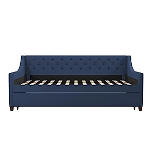 Novogratz Her Majesty Upholstered Daybed with Trundle, Twin Size Frame, Blue Linen