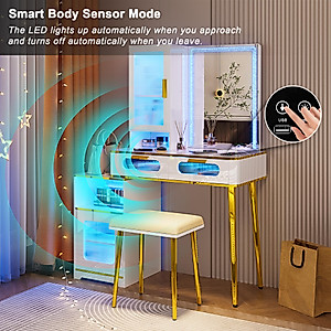 HNEBC Vanity Desk with RGB Lights,LED Makeup Vanity with Mirror and Drawers, RGB Makeup Desk with USB+Wireless Charging Station for Bedroom, Vanitys Table with Sensor Mode, Stool, White