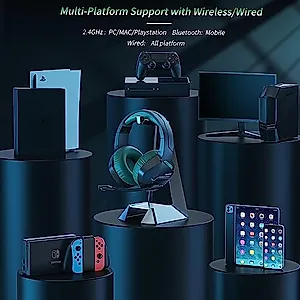 BINNUNE Wireless Gaming Headset with Microphone for PC PS5 PS4, 2.4GHz Low Latency, Bluetooth 5.0 USB Gamer Headphones with Mic for Laptop Computer