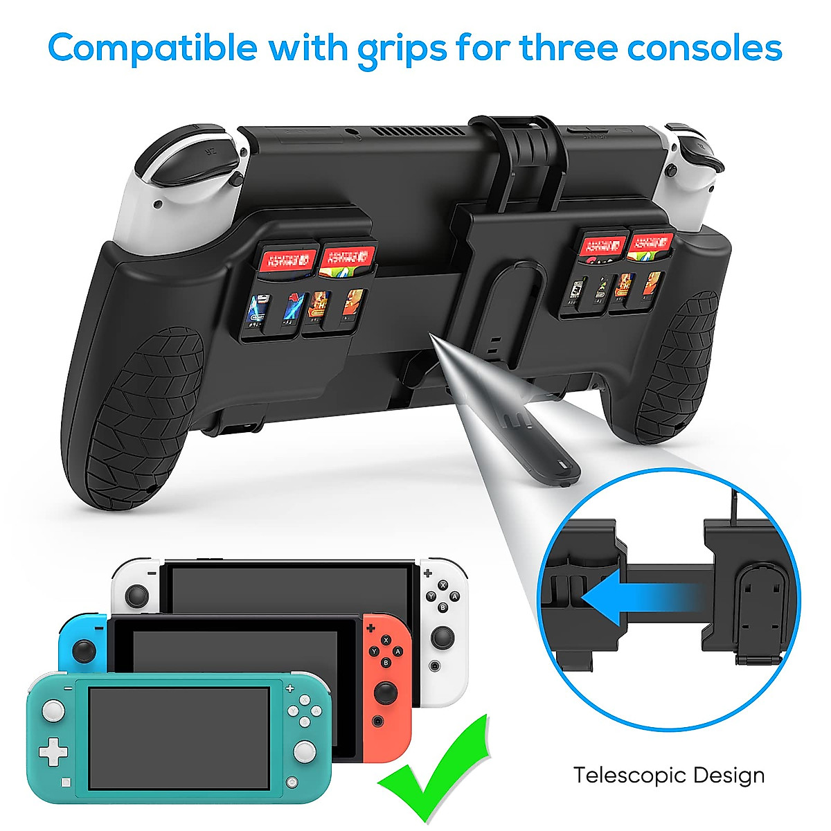 Switch OLED Grip Case Compatible with Nintendo Switch/ Switch OLED/ Switch Lite - Universal Hand Grip Accessories with Adjustable Stand/ 4 Game Slots, 8 Thump Caps for JoyCon & Switch Control, Black