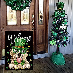 CROWNED BEAUTY St Patricks Day Dog Garden Flag Golden Retriever 12x18 Inch Double Sided for Outside Small Burlap Shamrocks Clovers Green Hat Gold Welcome Yard Holiday Decoration CF728-12