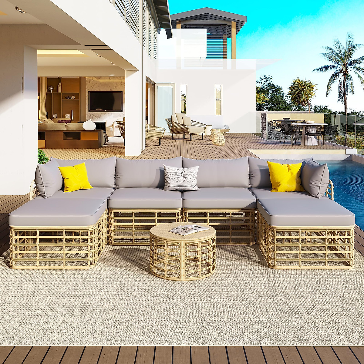 7 Pieces Outdoor Patio Furniture Sectional Sofa Set with Coffee Table, All-Weather Rattan Conversation Set with Thick Cushions and Pillows for Garden Backyard Balcony, Freely Combined (Grey-7S)