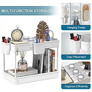 SOYO 2 Pack Under Sink Organizers and Storage, 2 Tier Bathroom Organizer Under Sink Shelf, Kitchen Organization Cabinet Storage Caddy Counter Basket with Hooks Dividers Hanging Cups, White