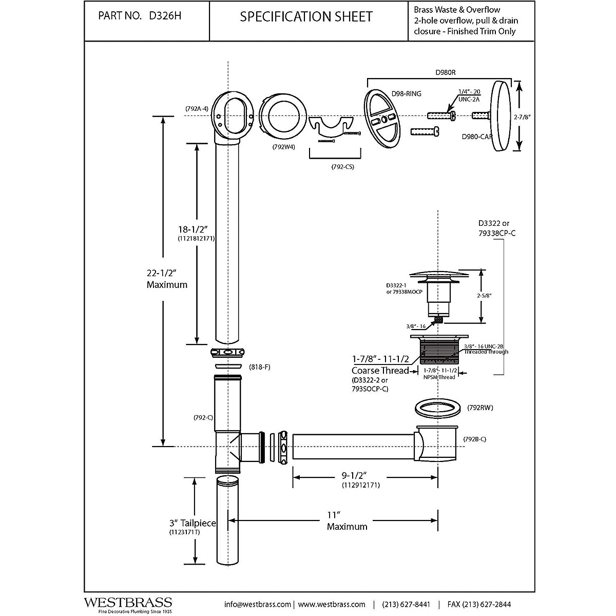 Westbrass D326H-62 22" 17 Ga. Brass Bath Waste & Overflow Assembly with Tip-Toe Drain Plug and Illusionary Faceplate, Matte Black